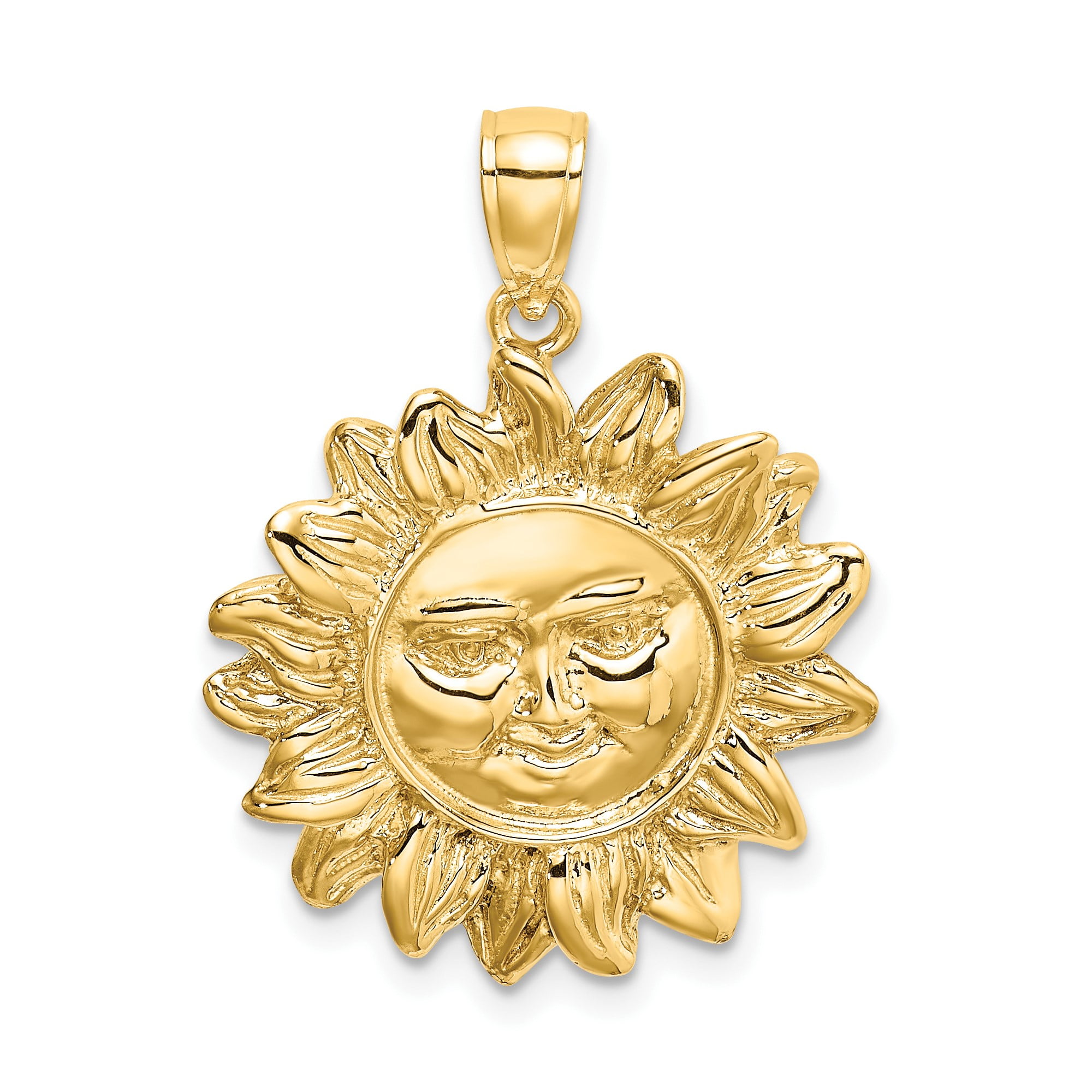 14k Yellow Gold Sun Face Pendant with Detailed Rays and Serene ...