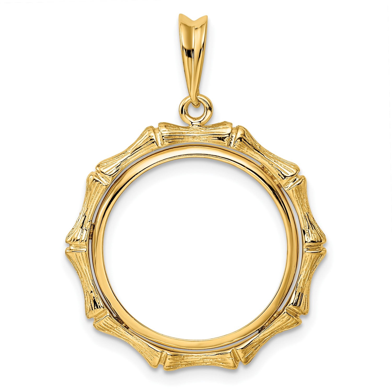 14k Yellow Gold Textured Bamboo Frame Prong Setting Coin Bezel Pendant ...