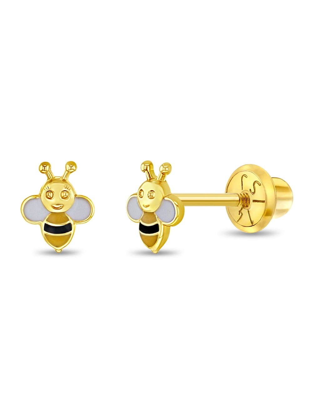 14k Yellow Gold Tiny Yellow Enamel Bee Screw Back Earrings for Toddler ...
