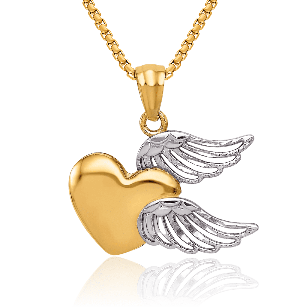 14K Solid Two Tone Yellow White Gold Heart Wings Necklace Chain Pendant ...