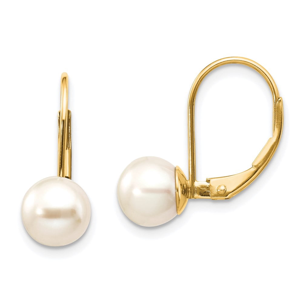 14k Yellow Gold White Round Shape Freshwater Cultured Pearl Leverback ...