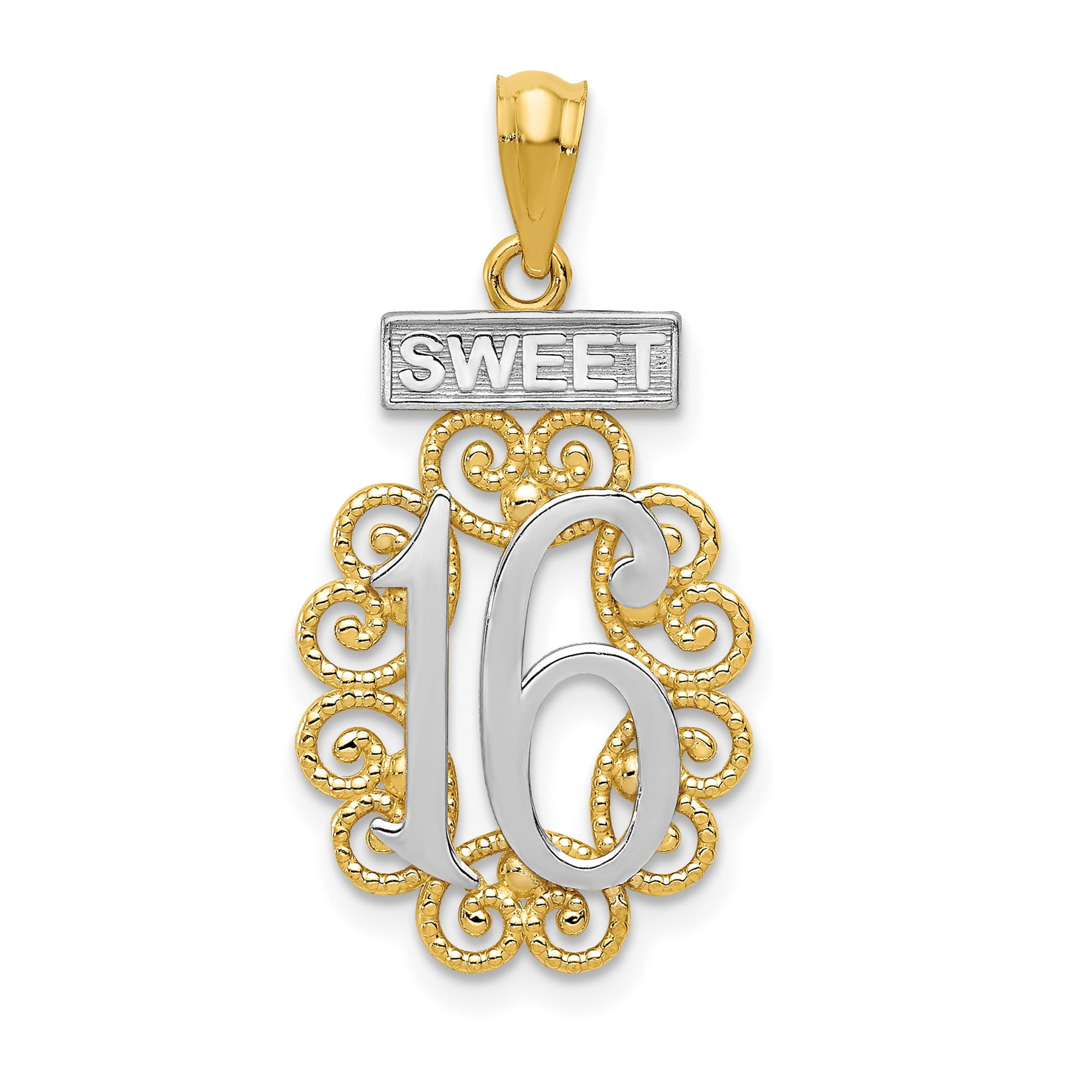 14k Yellow Gold and Rhodium Sweet 16 Pendant with Scroll Design, Oval Milestone Charm Necklace ...