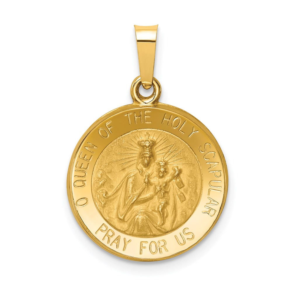 14k Yellow Gold and Satin Queen of the Holy Scapular Reversible Medal ...