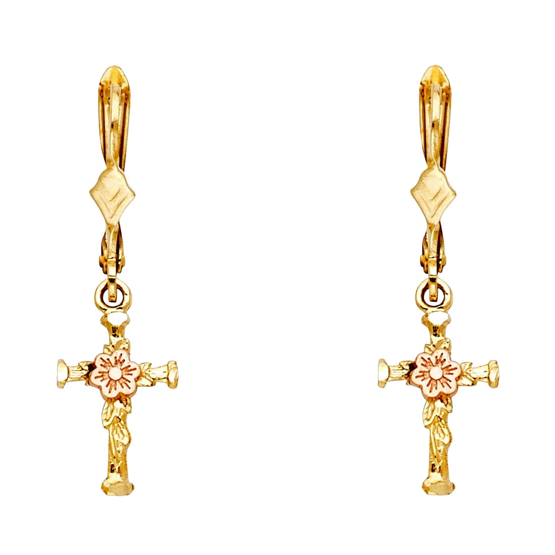 14k Yellow Gold and White Gold Dangle Religious Faith Cross Earrings ...