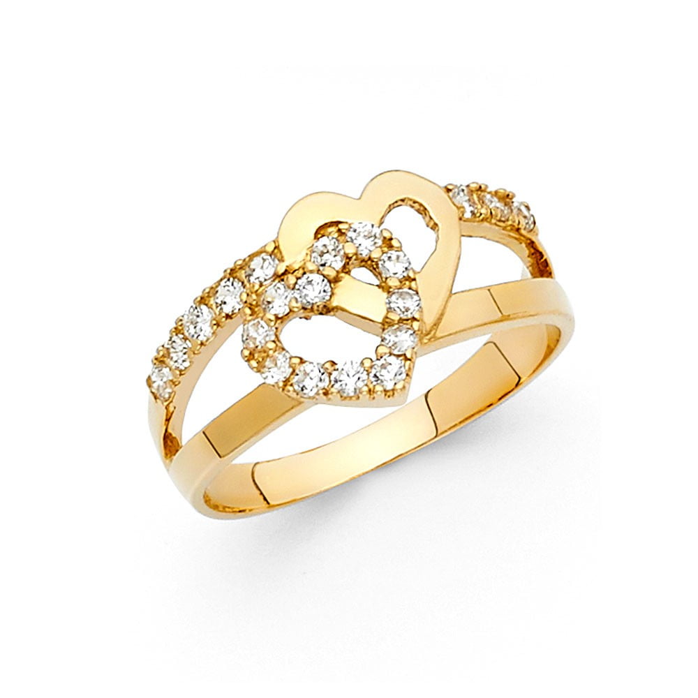14k Yellow Italian Solid Gold CZ Two Joined Hearts Ring 10mm - Walmart.com