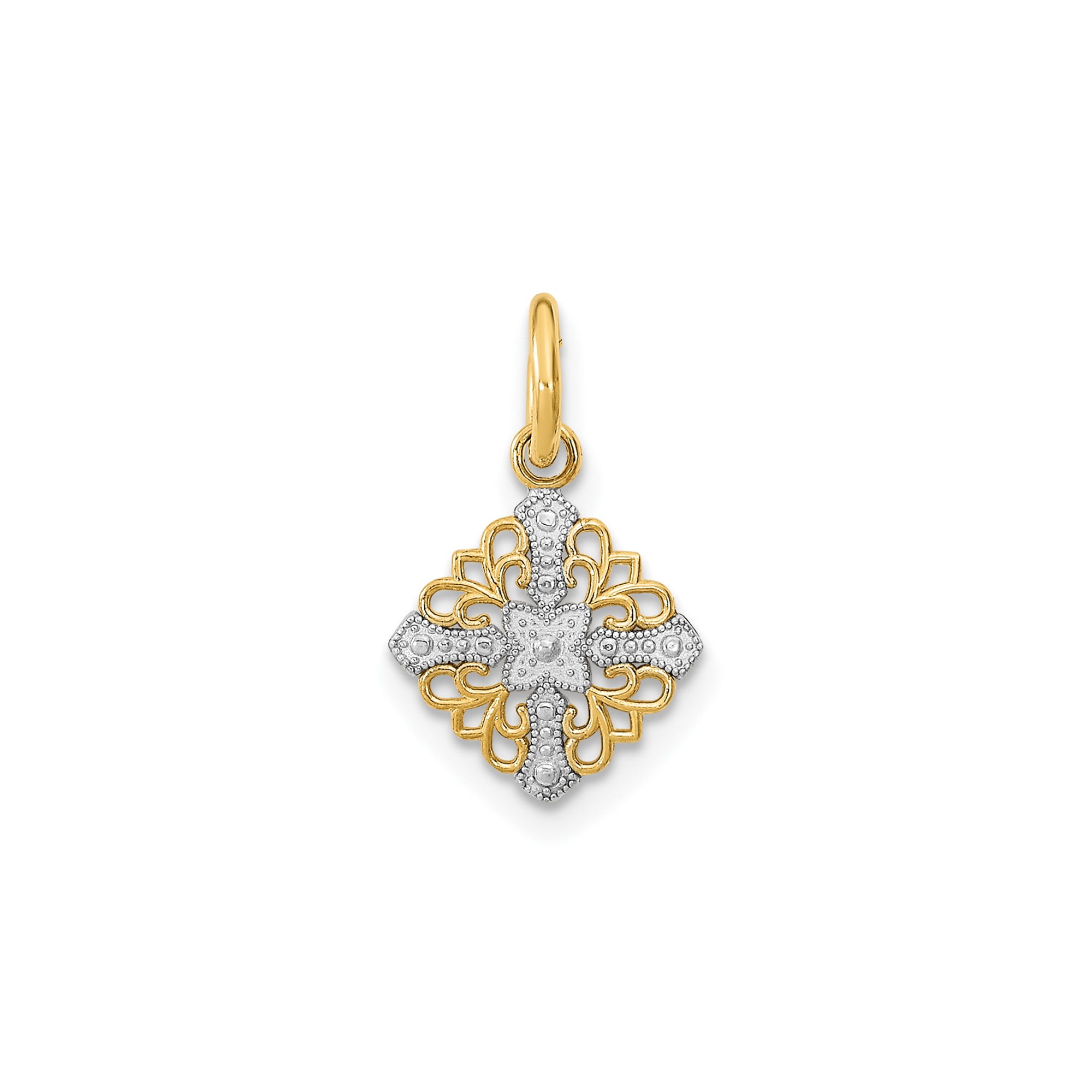 14k Yellow and Rhodium Cross Pendant for Women, Ornate Filigree Design ...