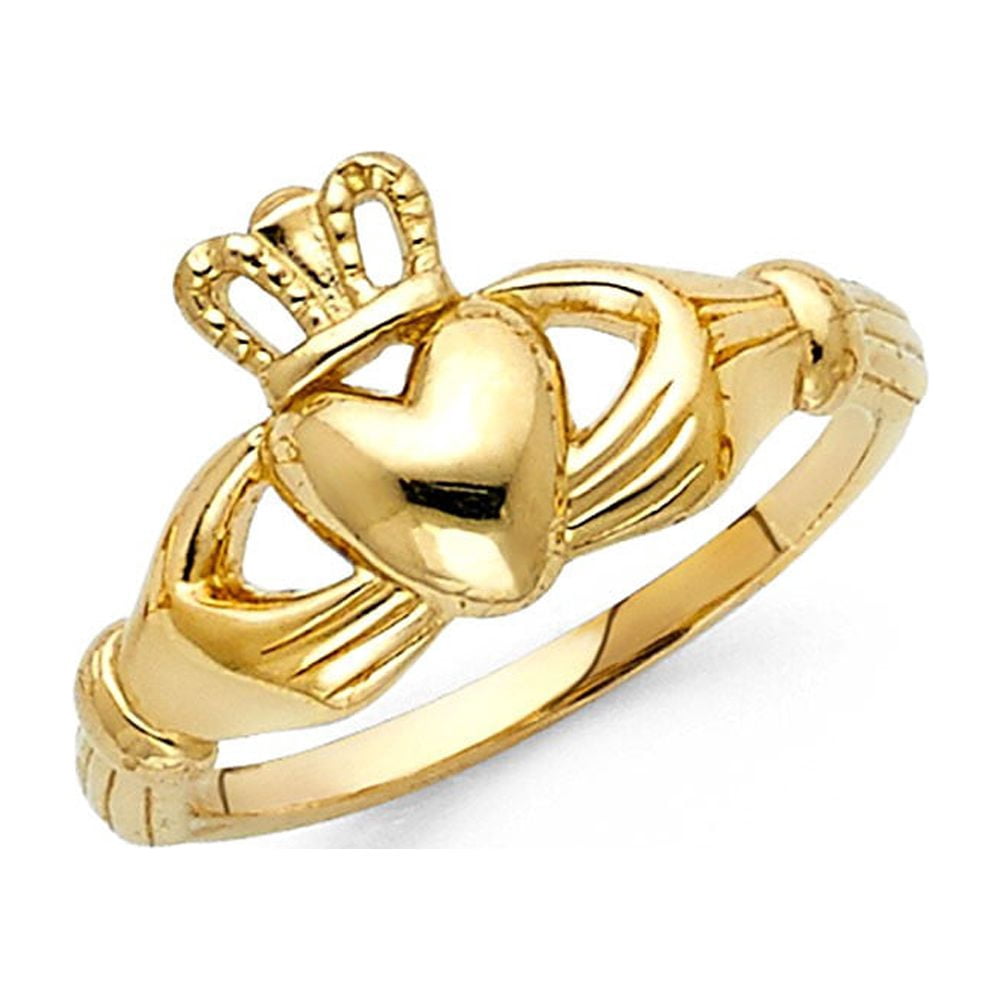 14k Yellow Solid Italian Gold Hands Crown Heart Claddagh Ring 10mm ...