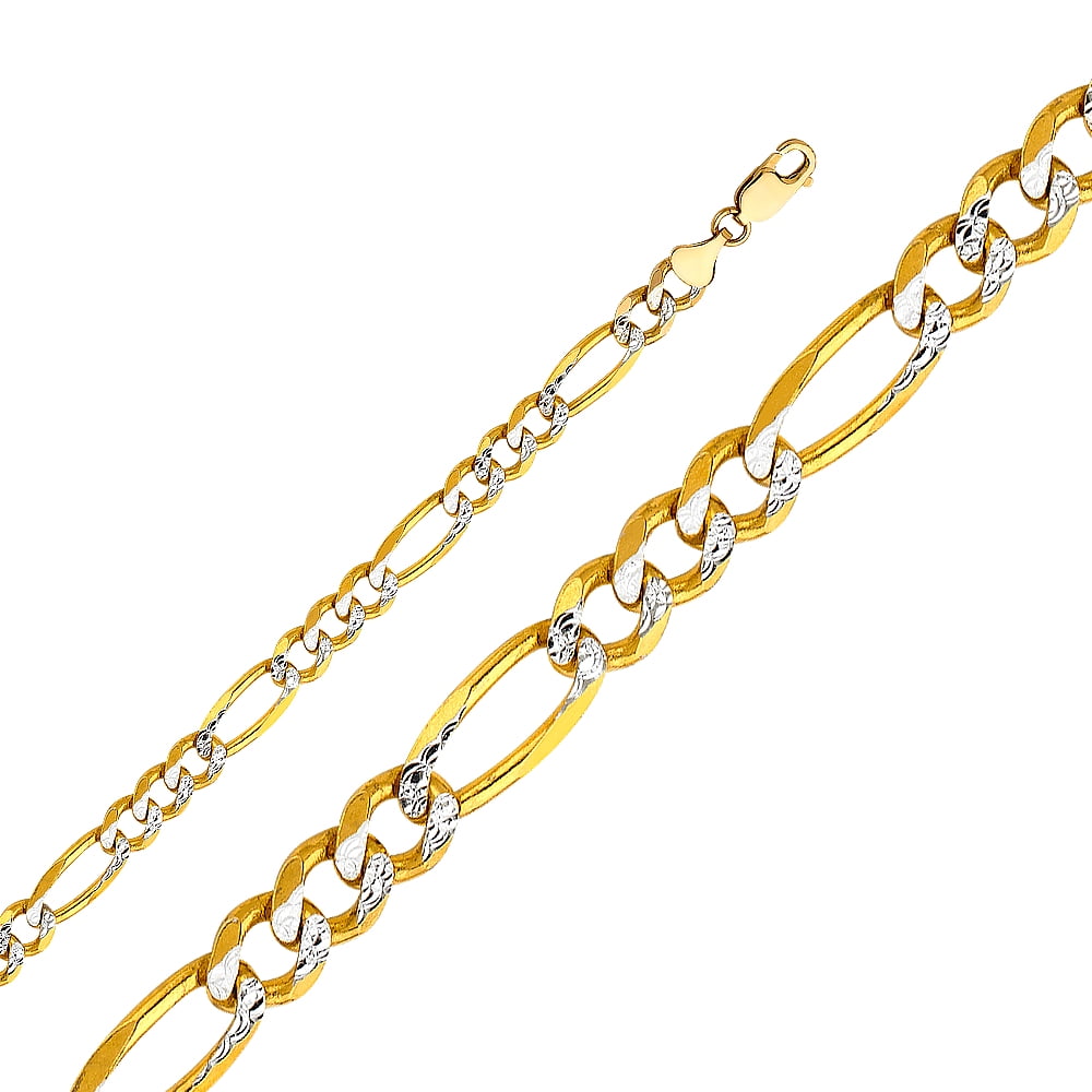 14k Yellow White Gold 6.9mm 3+1 Solid Figaro Pave Chain Link Necklace ...