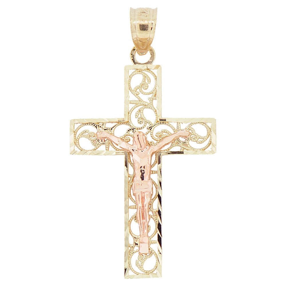 14k Yellow & White Gold, Fancy Filigree Cross Jesus Christ Crucifix ...