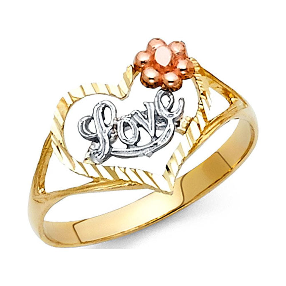 14k Yellow White Rose Gold Heart Love Ring Flower Band Diamond Cut ...