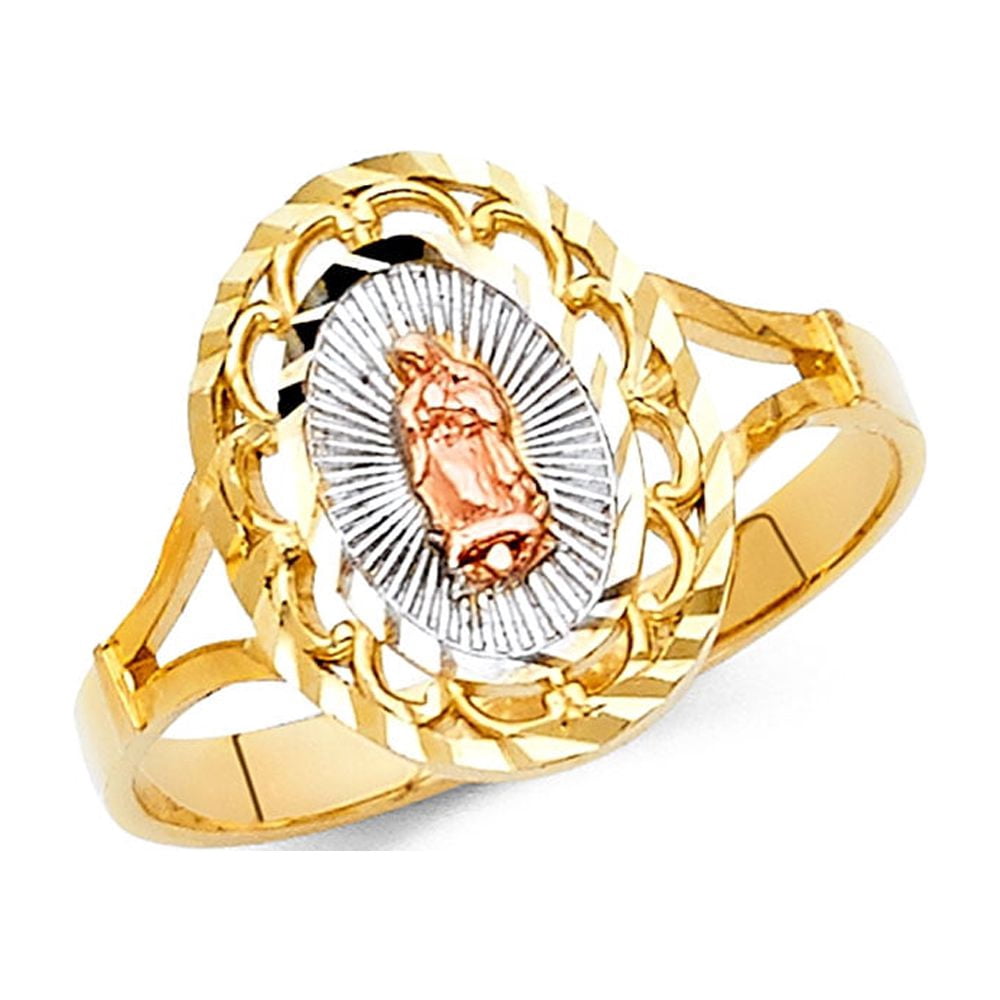 14k Yellow White Rose Gold Oval Lady Guadalupe Ring Virgin Mary Diamond ...
