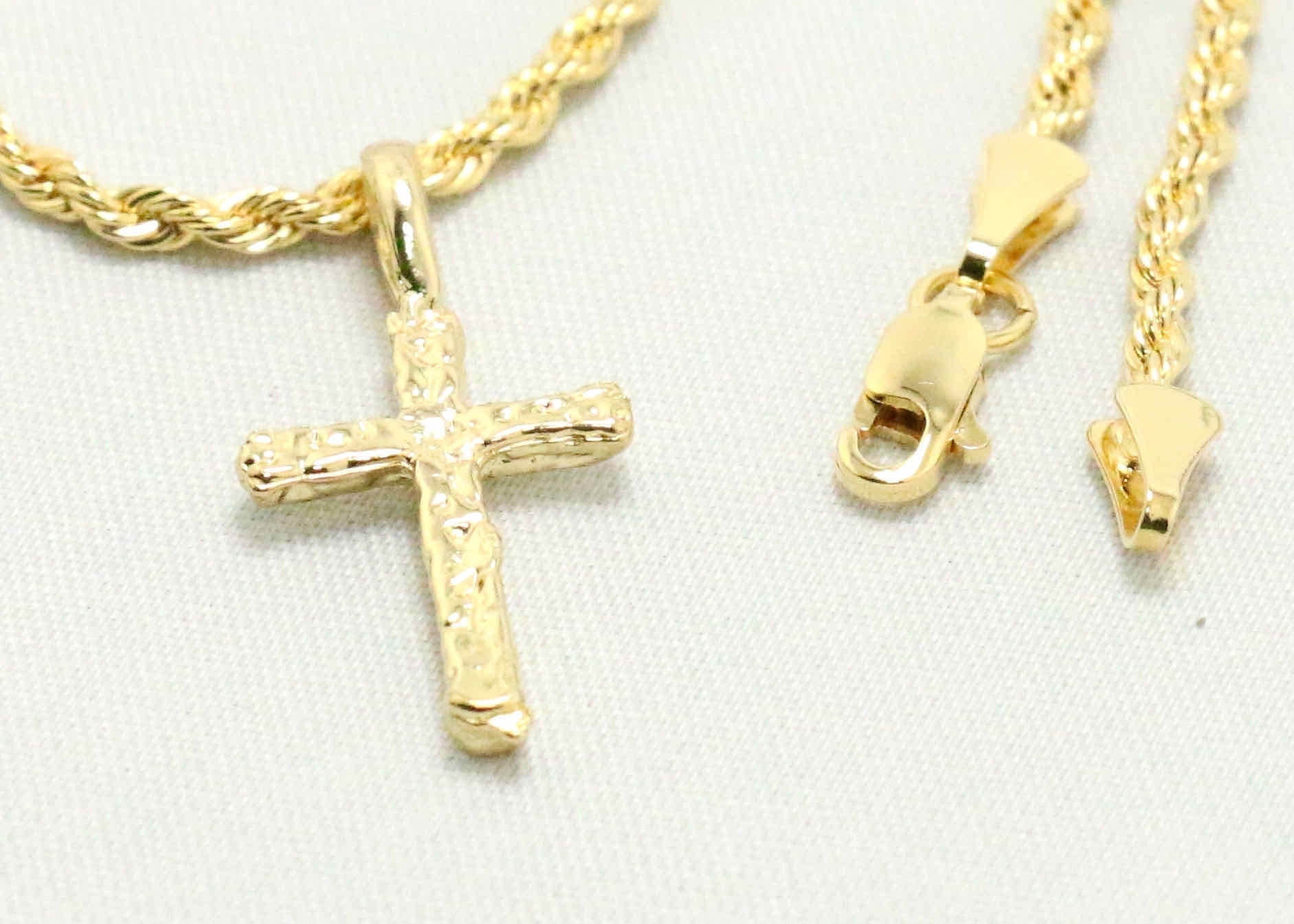 14kt Bonded Gold Chain Necklace Clearance, Rope Chain Nugget Cross ...