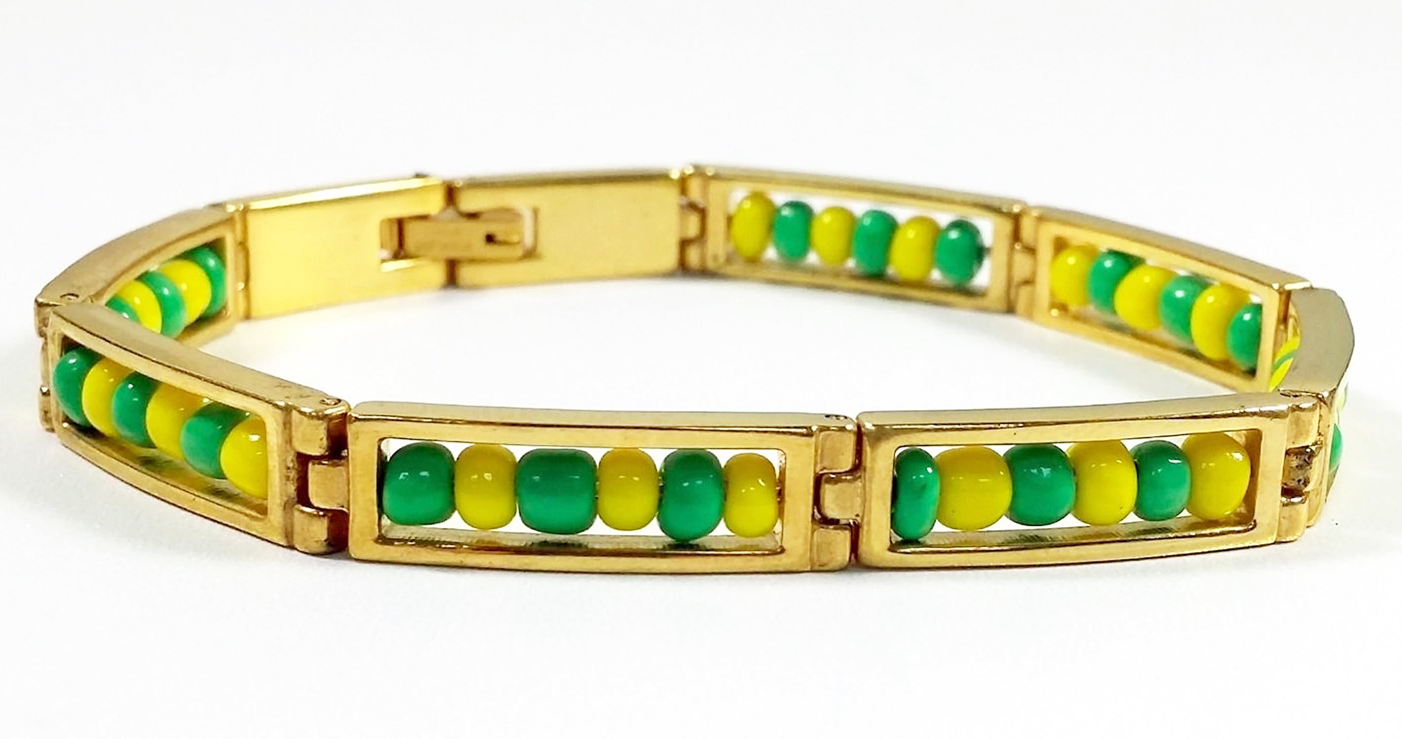 14kt Gold Stainless Steel Orula Bracelet Open Green Yellow Beads ...