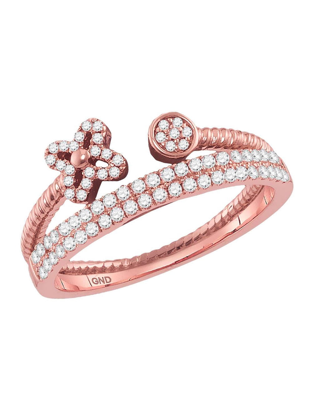 14kt Rose Gold Womens Round Diamond Flower Bisected Stackable Band Ring ...