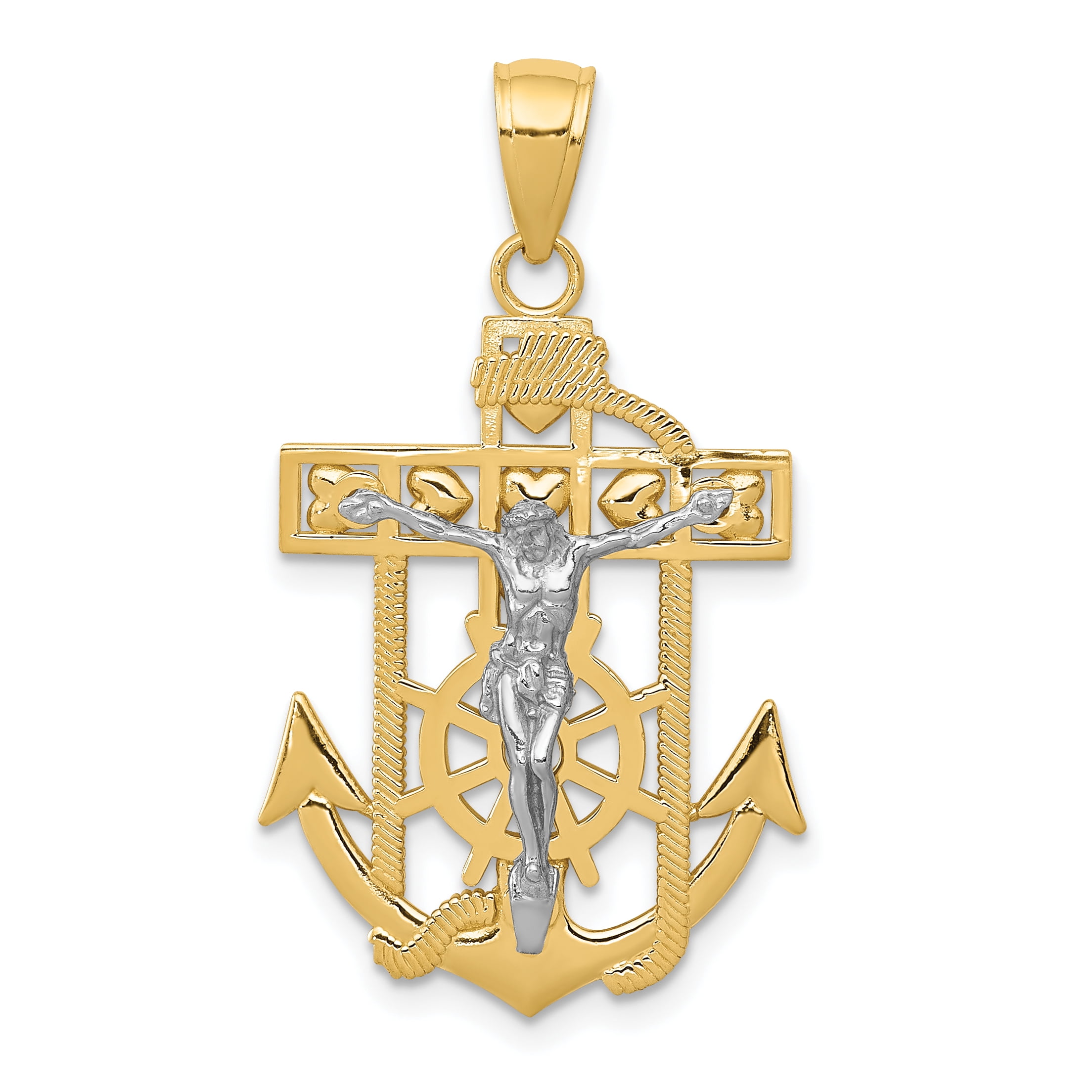 14kt Two Tone Yellow Gold Nautical Anchor Ship Wheel Mariners Crucifix ...