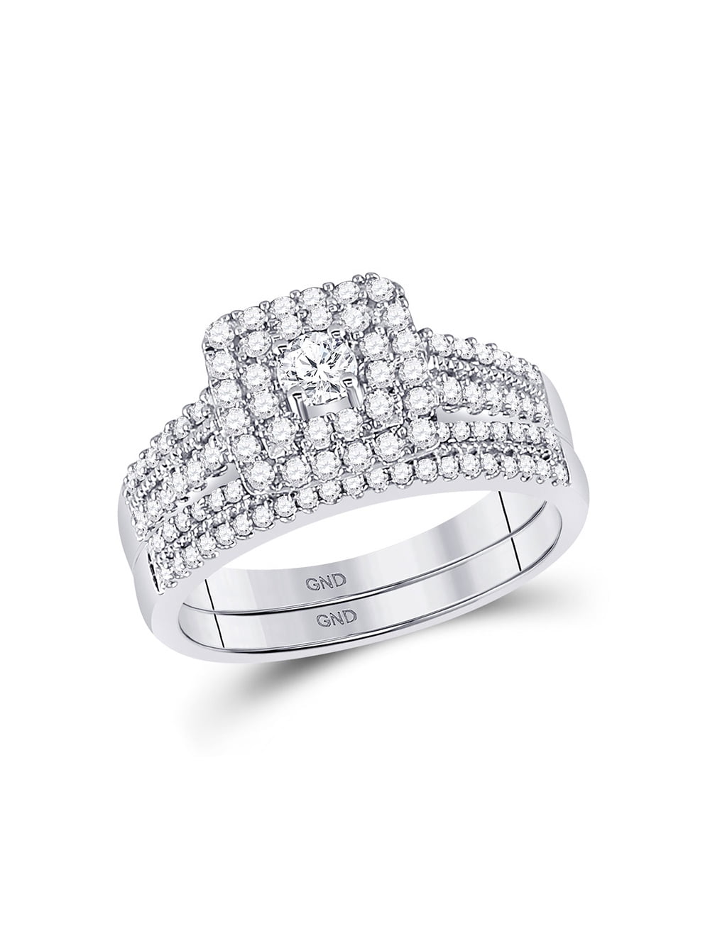 14kt White Gold Round Diamond Double Halo Bridal Wedding Ring Band Set ...