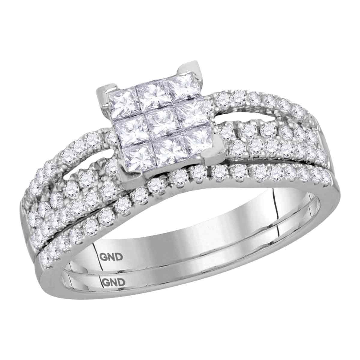14kt White Gold Womens Princess Diamond Cluster Bridal Wedding