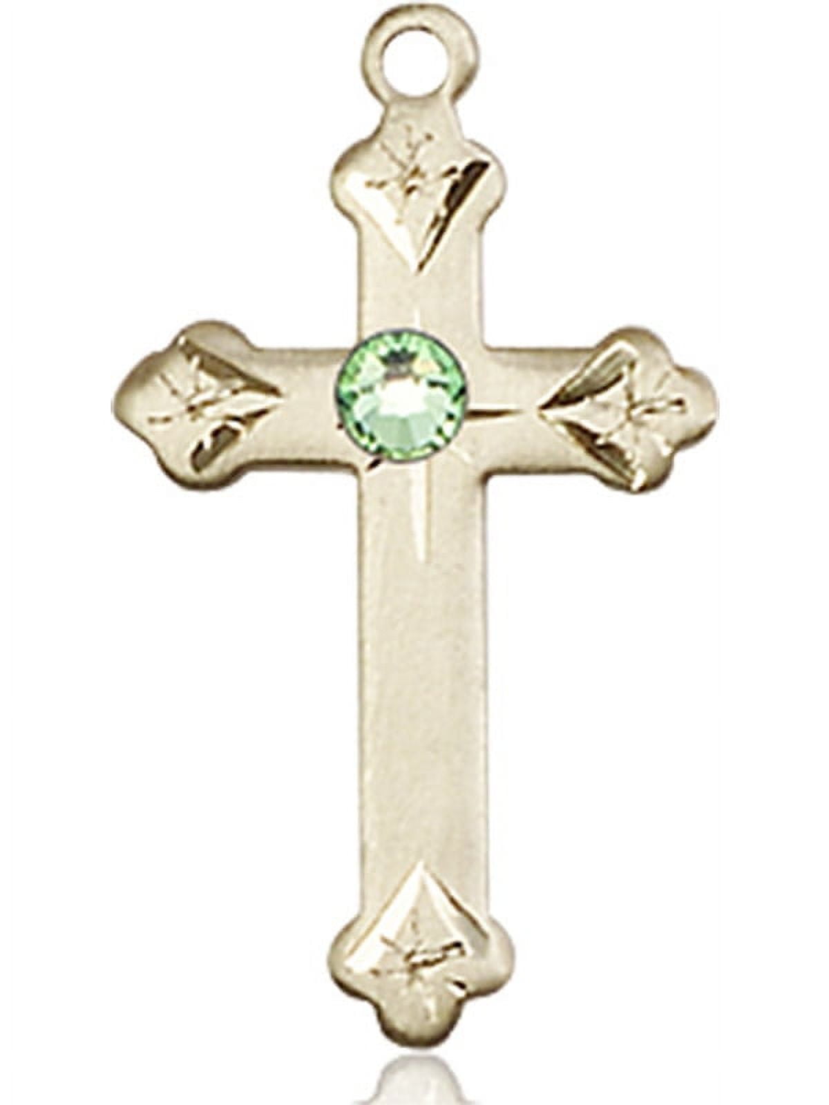 14kt Yellow Gold Cross Medal with 3mm August Green Swarovski Crystal 7/ ...