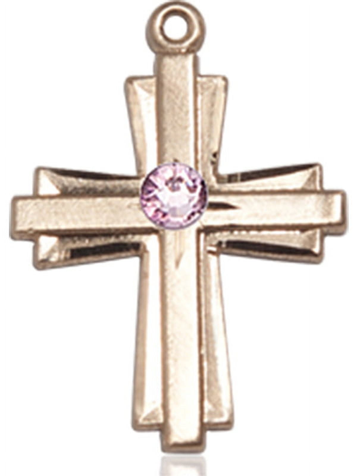 14kt Yellow Gold Cross Medal with 3mm Light February Purple Swarovski ...