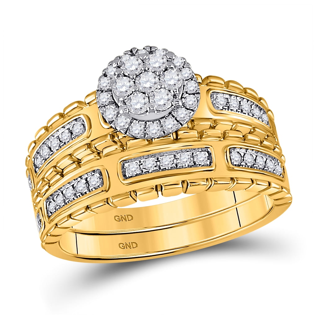 14kt Yellow Gold His & Hers Round Diamond Cluster Matching Bridal ...