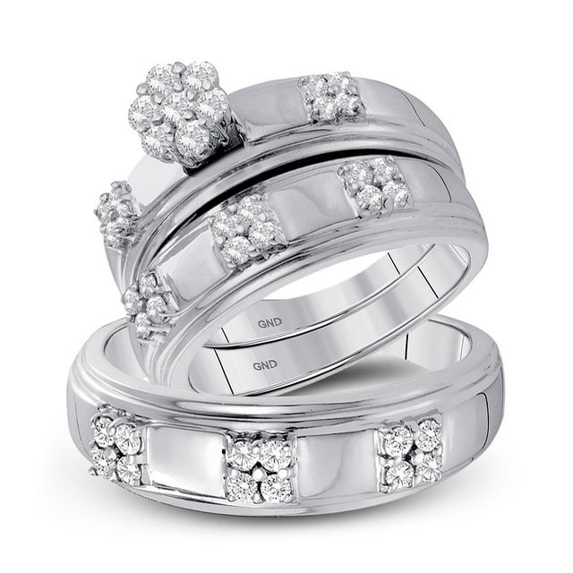 14kt Yellow Gold His Hers Round Diamond Cluster Matching Bridal Wedding ...