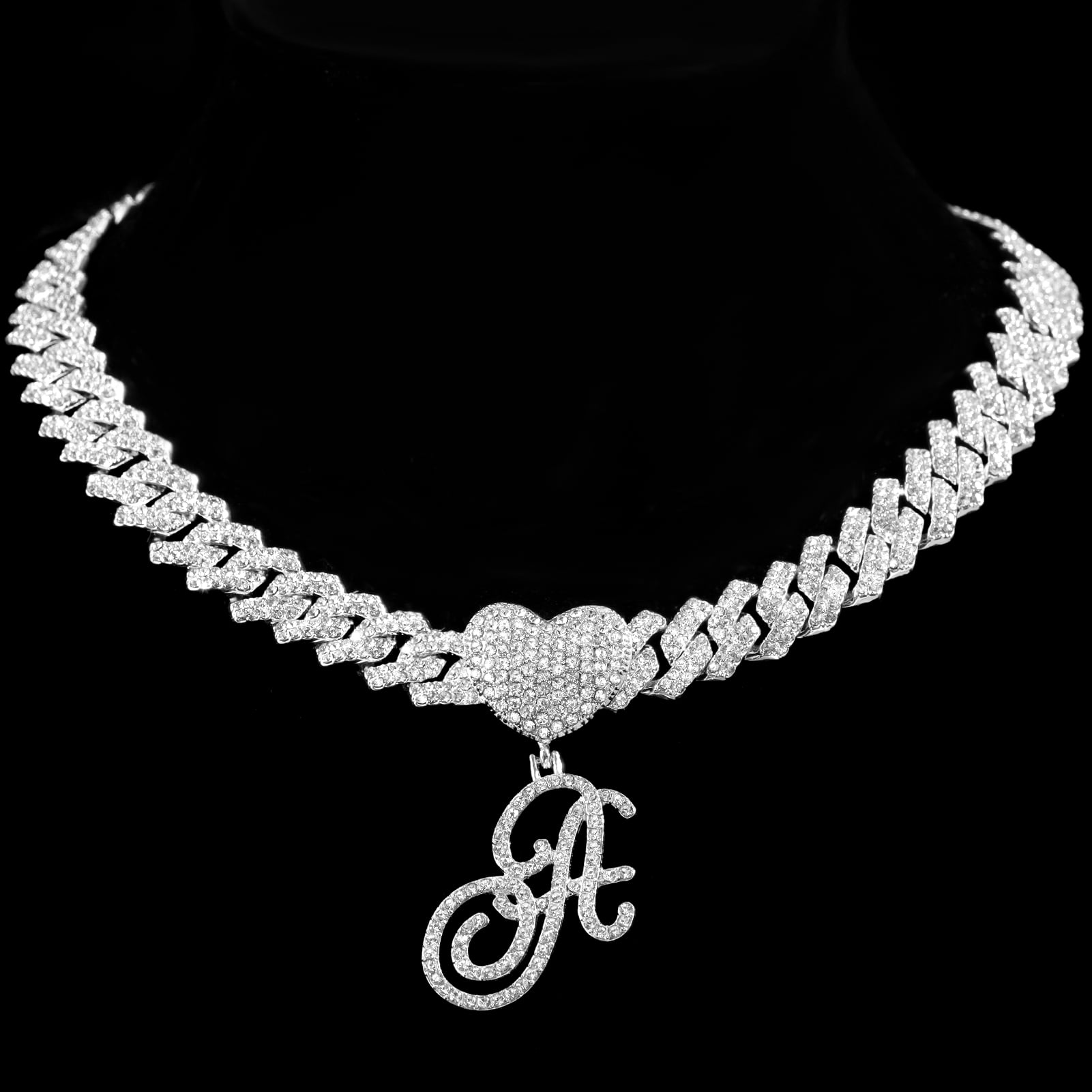 14mm Iced Out A-Z Cursive Initial Letter Pendant Cuban Necklace For ...