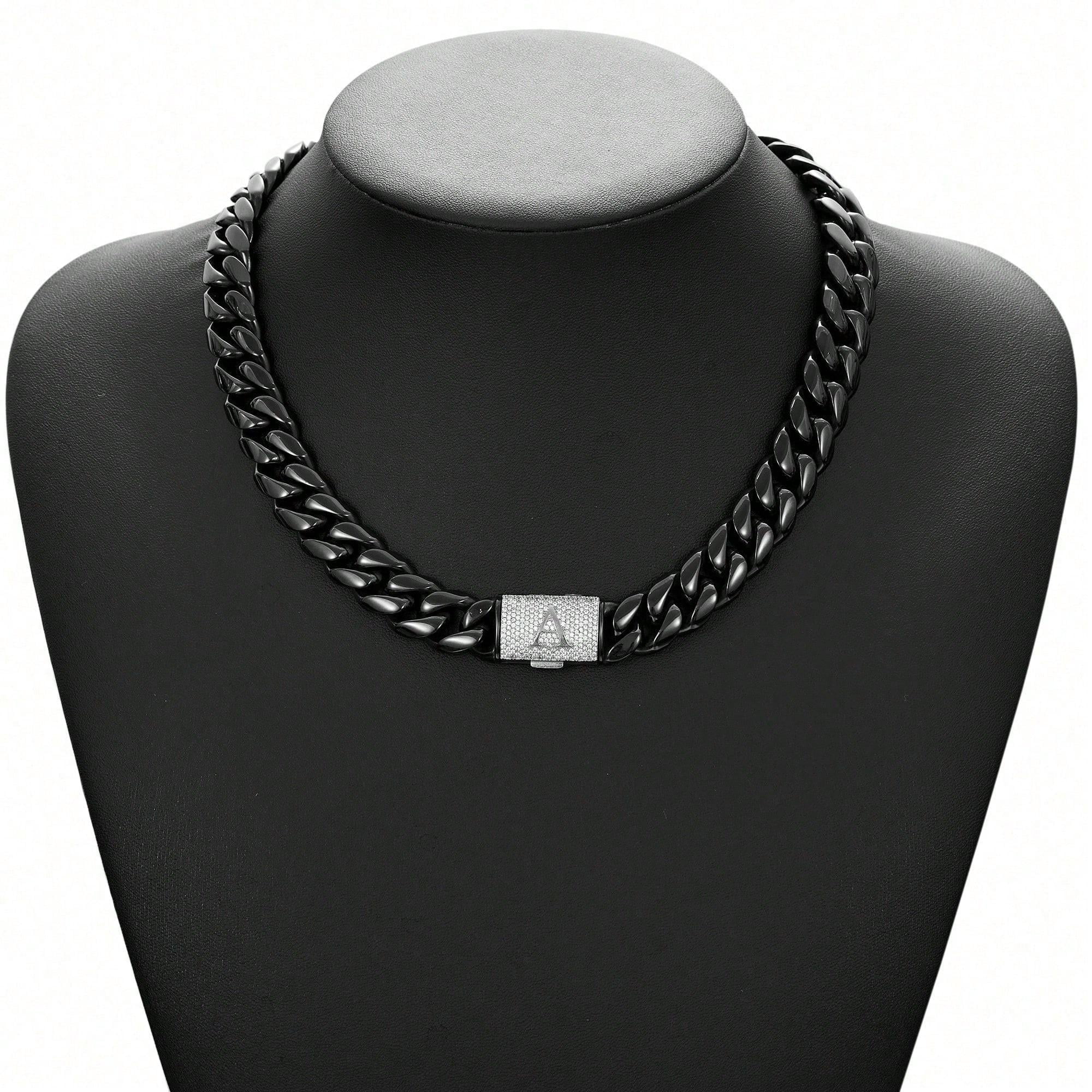 14mm Miami Cuban Chain Letter Necklace for Men, Black Stainless Steel ...