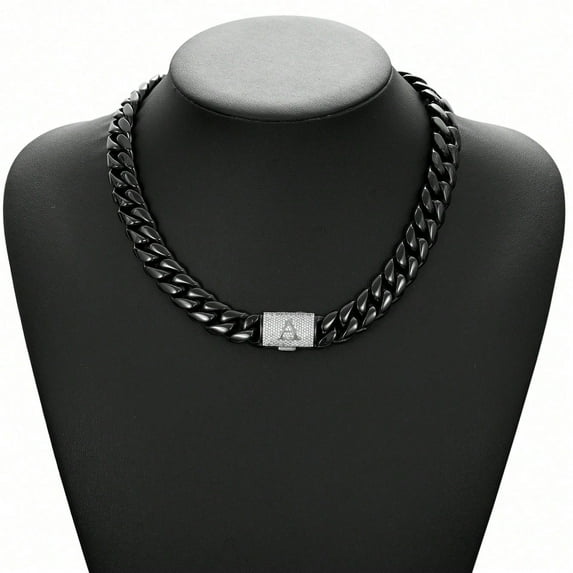 14mm Miami Cuban Chain Letter Necklace for Men, Black Stainless Steel ...