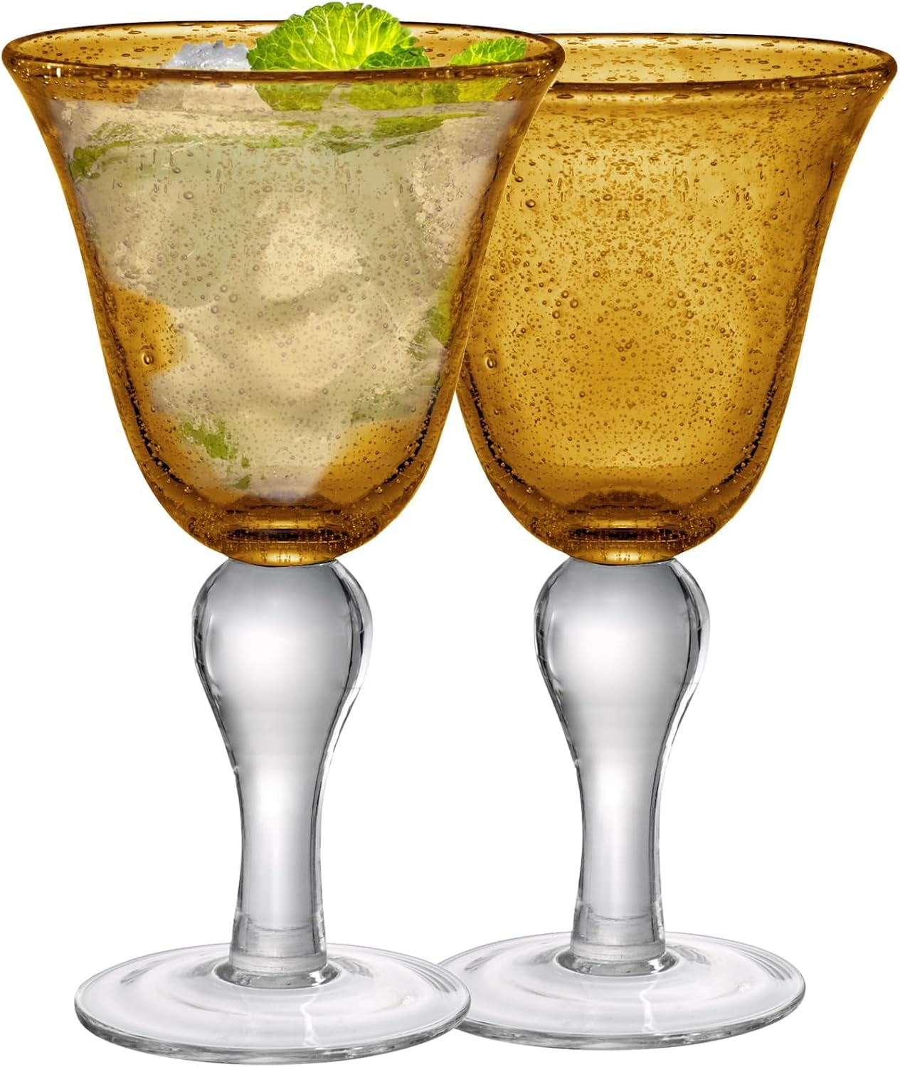 14oz Footed Goblet Glass, Set of 2 | Iris Seeded Design, Amber ...