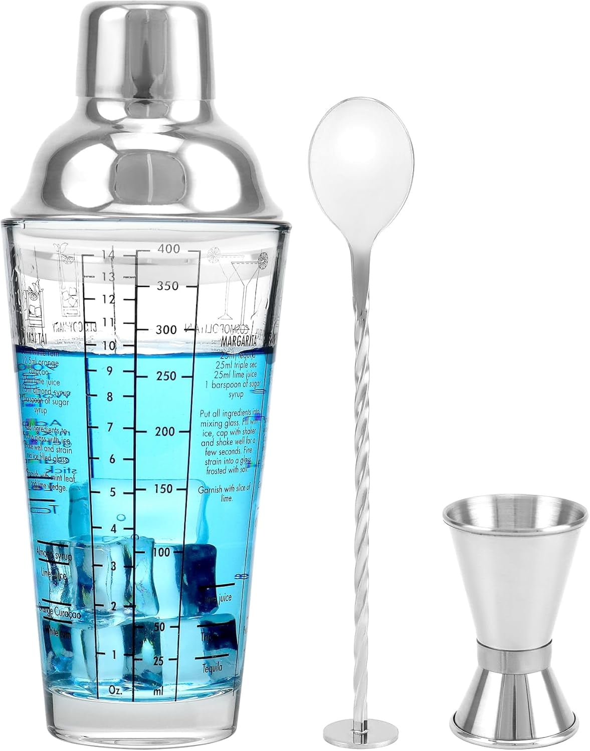 14oz Glass Cocktail Shaker, Stainless Steel Top, Transparent Design ...