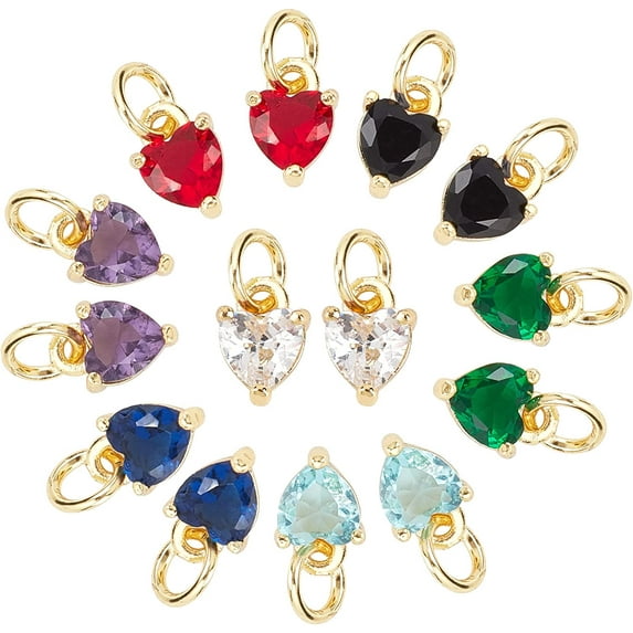 14pcs 18K Gold Plated Heart Charms 7 Colors Cubic Zirconia Love Heart ...