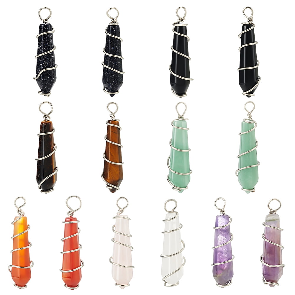 14pcs 7 Colors Cone Shape Healing Pendant 35mm long Wire Wrapped Charms ...
