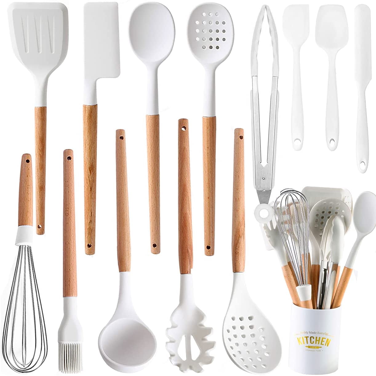 14pcs Kitchen Silicone Cooking Utensils Set,Non-Stick,Wooden Handle ...