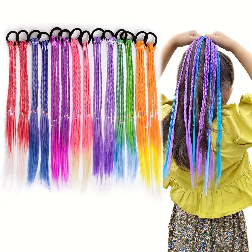 14pcs Rainbow Braided Hair Extensions, Colorful Synthetic Ponytail ...