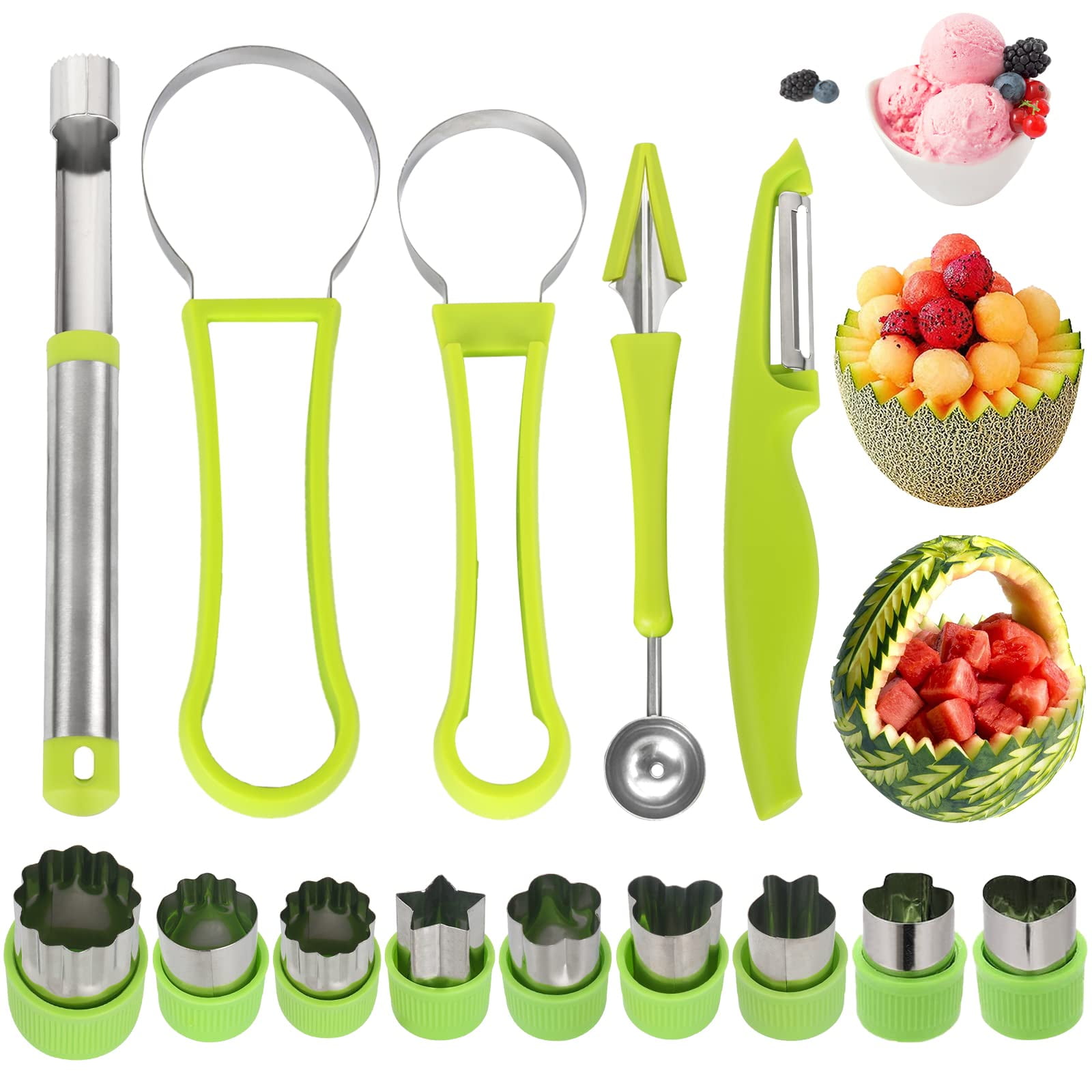 14pcs Stainless Steel Melon Carving Set Fruit & Vegetable Slicing Tool with Scoop, Knife, Pulp ...