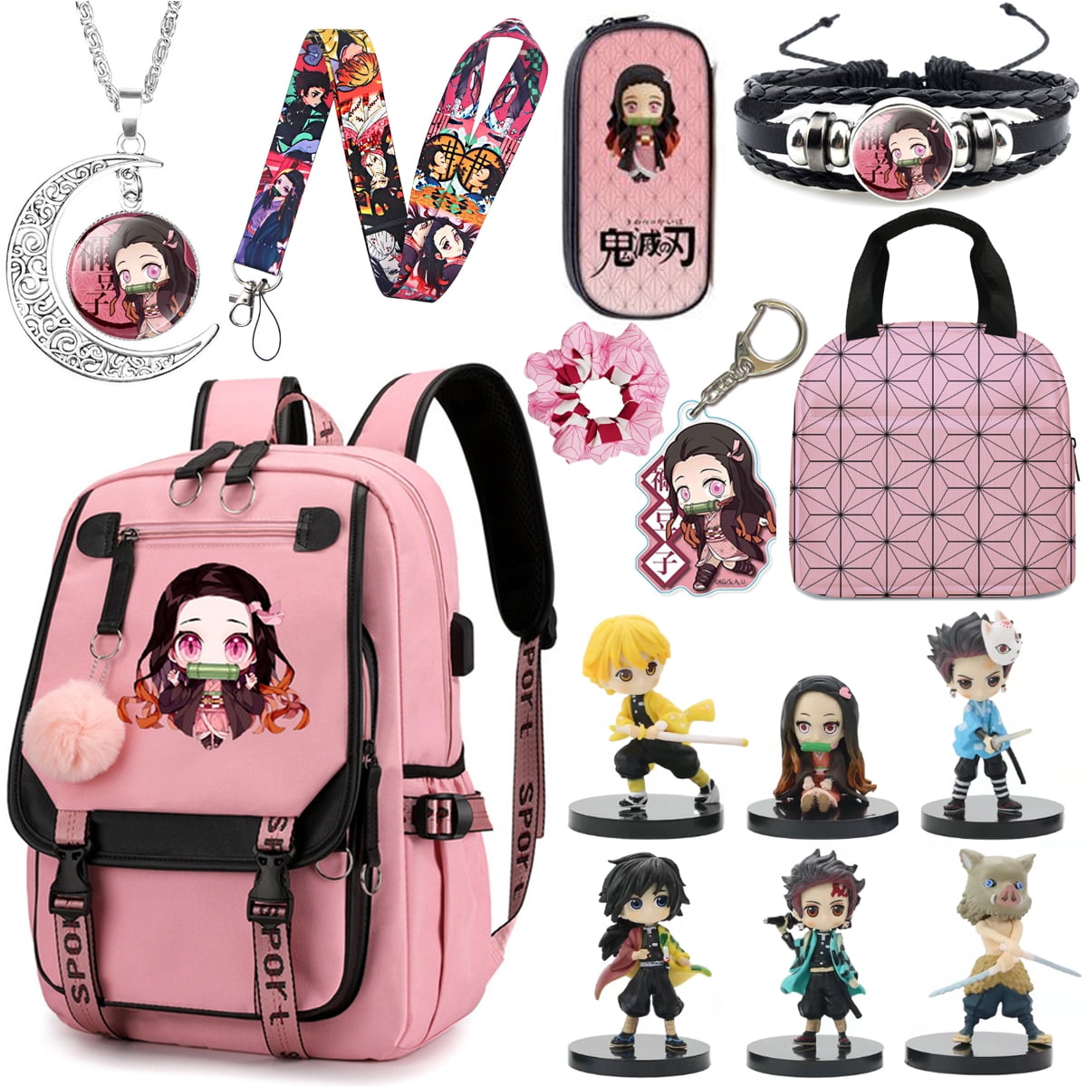 14pcs/kit Nezuko Backpack with USB Charging Port, Bookbag - Walmart.com