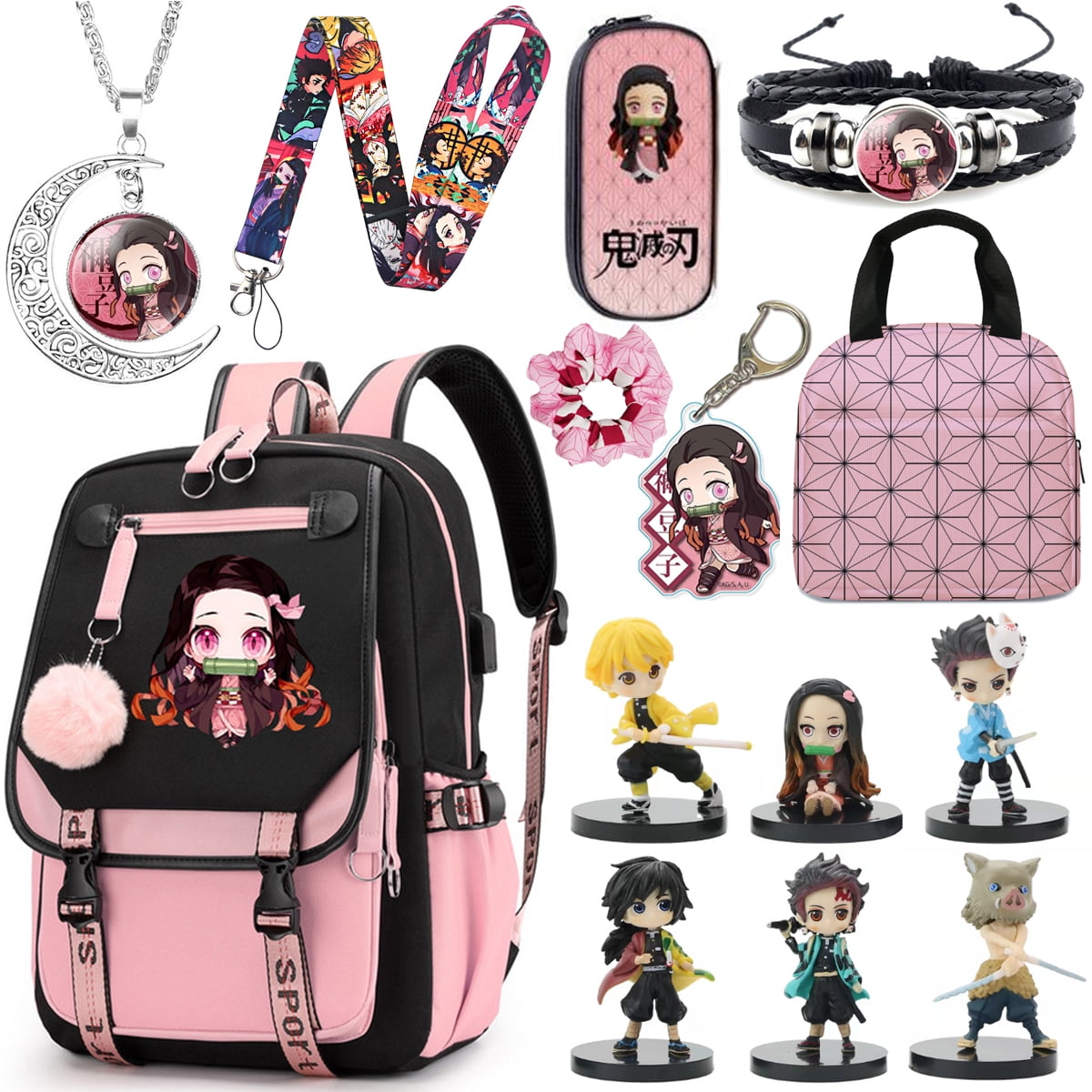 14pcs/kit Nezuko Backpack with USB Charging Port, Bookbag - Walmart.com