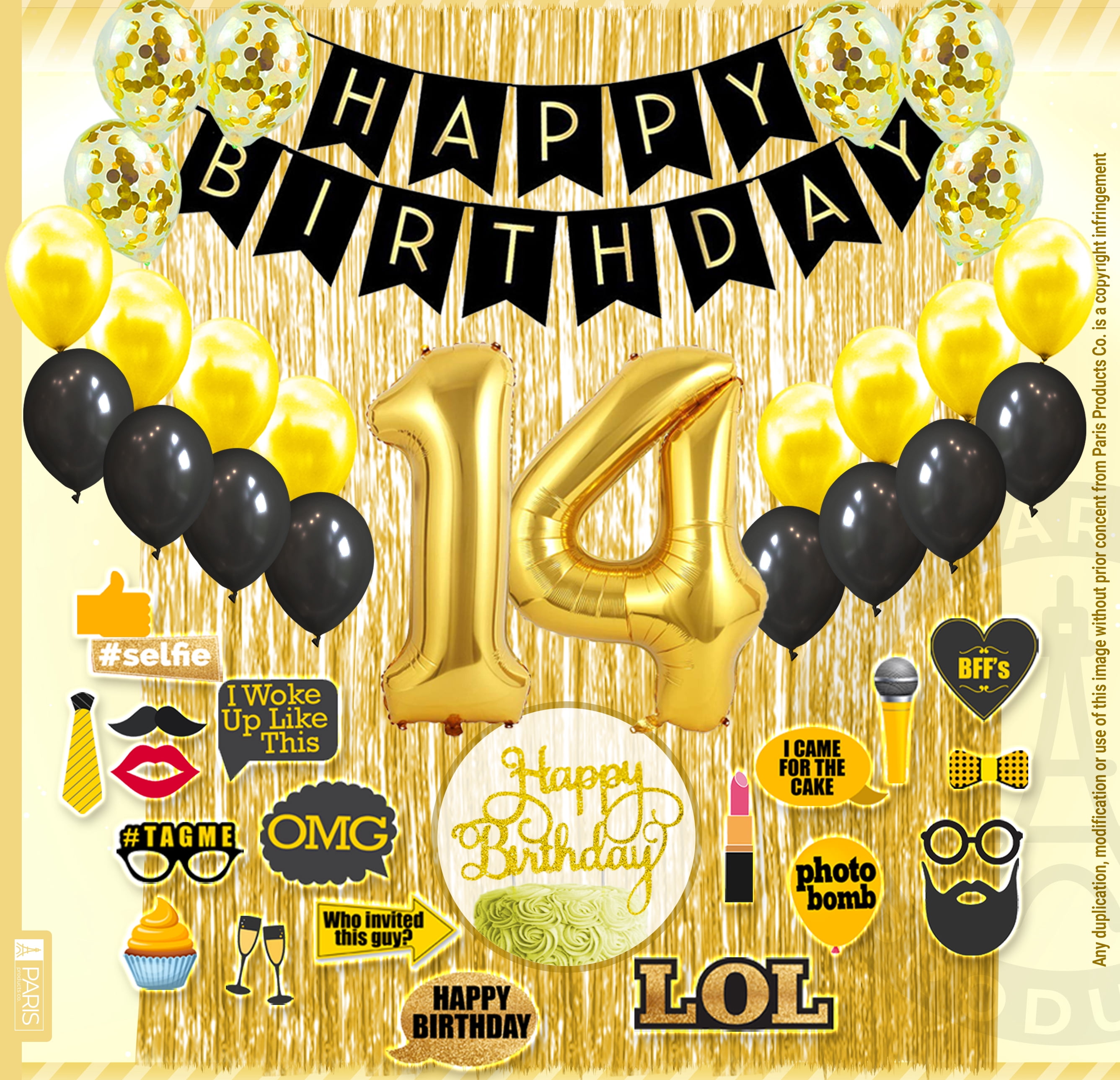 14th Birthday Decoration Black and Gold for Boy & Girl, 14th Cake ...