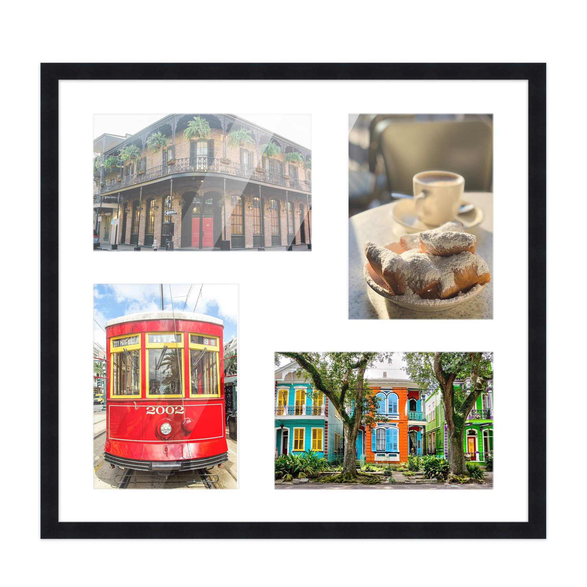 14x14 Black Wood Collage Frame w/ White Mat for 4 Pictures - 5x7 Photos ...