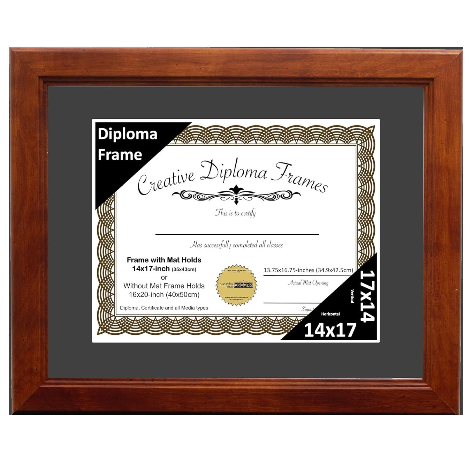 14x17 Walnut Finish Diploma Frame with Black Mat Glass and Installed ...