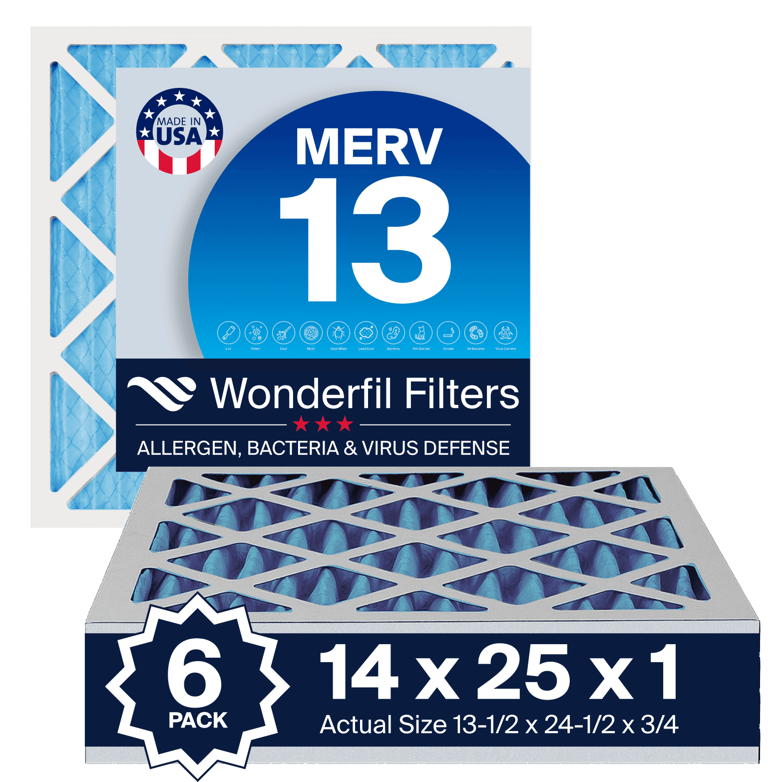 14x25x1 MERV 13 Air Filter (6-Pack) | Wonderfil Filters | Pleated HVAC ...