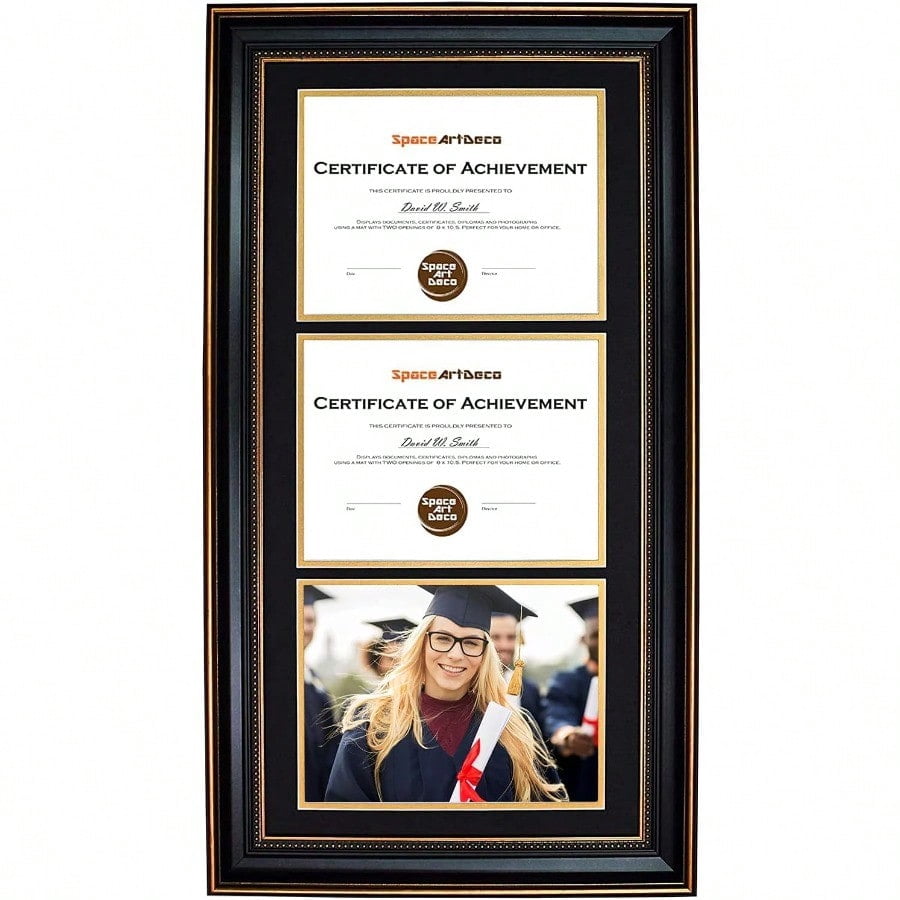 14x29 Triple/Three Certificates Frame With Black Over Gold Double Mat ...