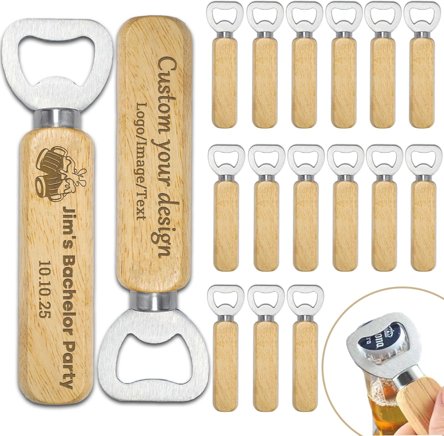 15-100PCS Custom Bottle Openers with Wooden Handle, Laser Engraved with ...
