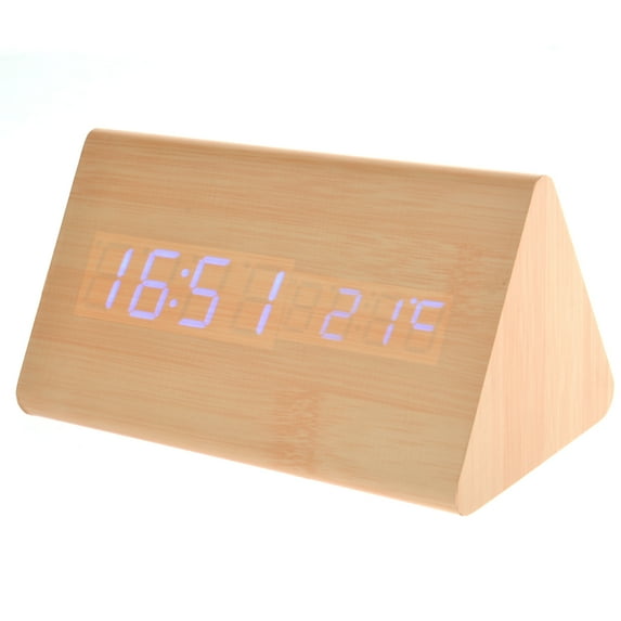 MERRYHAPY Blue LED Digital Alarm Clock Wooden Bamboo Desk Time ...