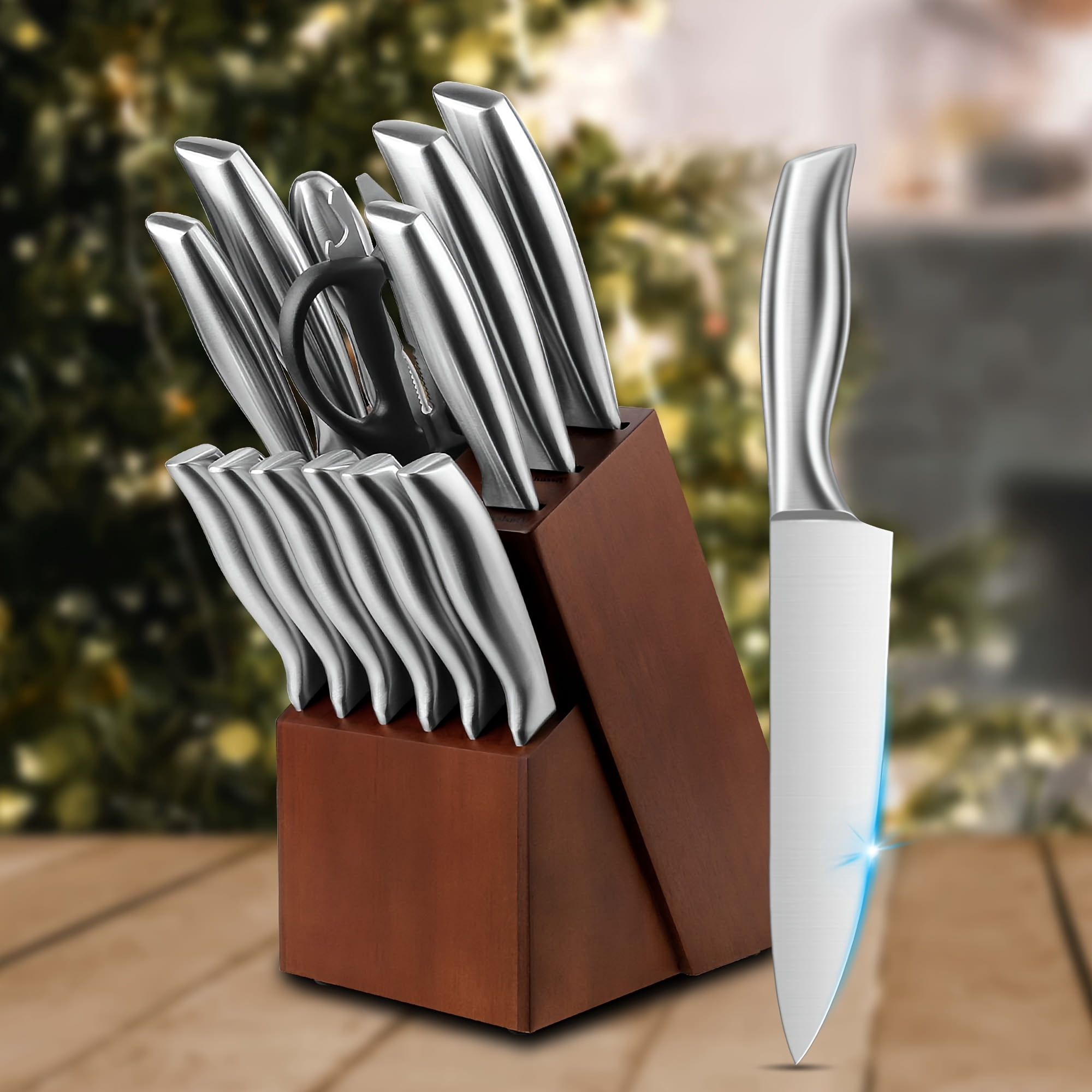 15/16pcs Professional Kitchen Knife Set with Wooden Block & Self ...