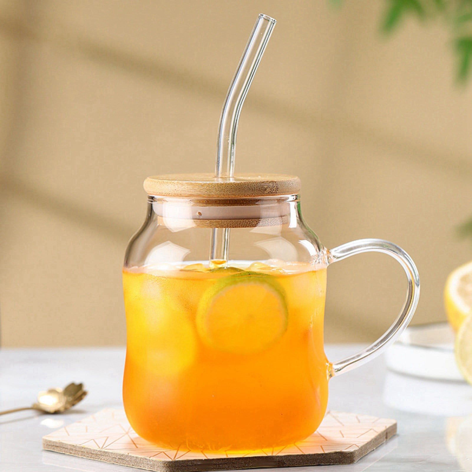 15.2" Square Glass Cups with Wood Lids and Straws, Iced Coffee Cups ...