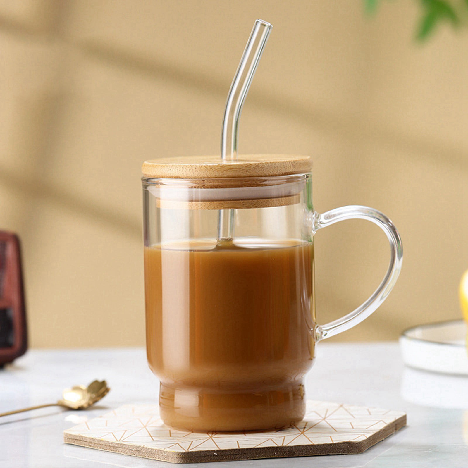 15.2" Square Glass Cups with Wood Lids and Straws, Iced Coffee Cups ...