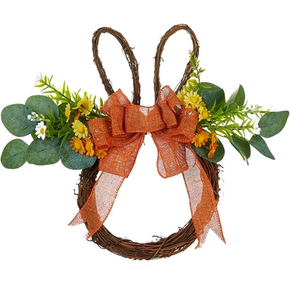 15.3" Easter Wicker Bunny Wreath - Greenery, Daisy & Burlap Bow, Rustic ...