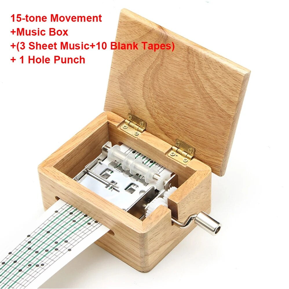 15/30 Tone Hand-cranked Music Box with Paper Tape Puncher Wooden Box ...