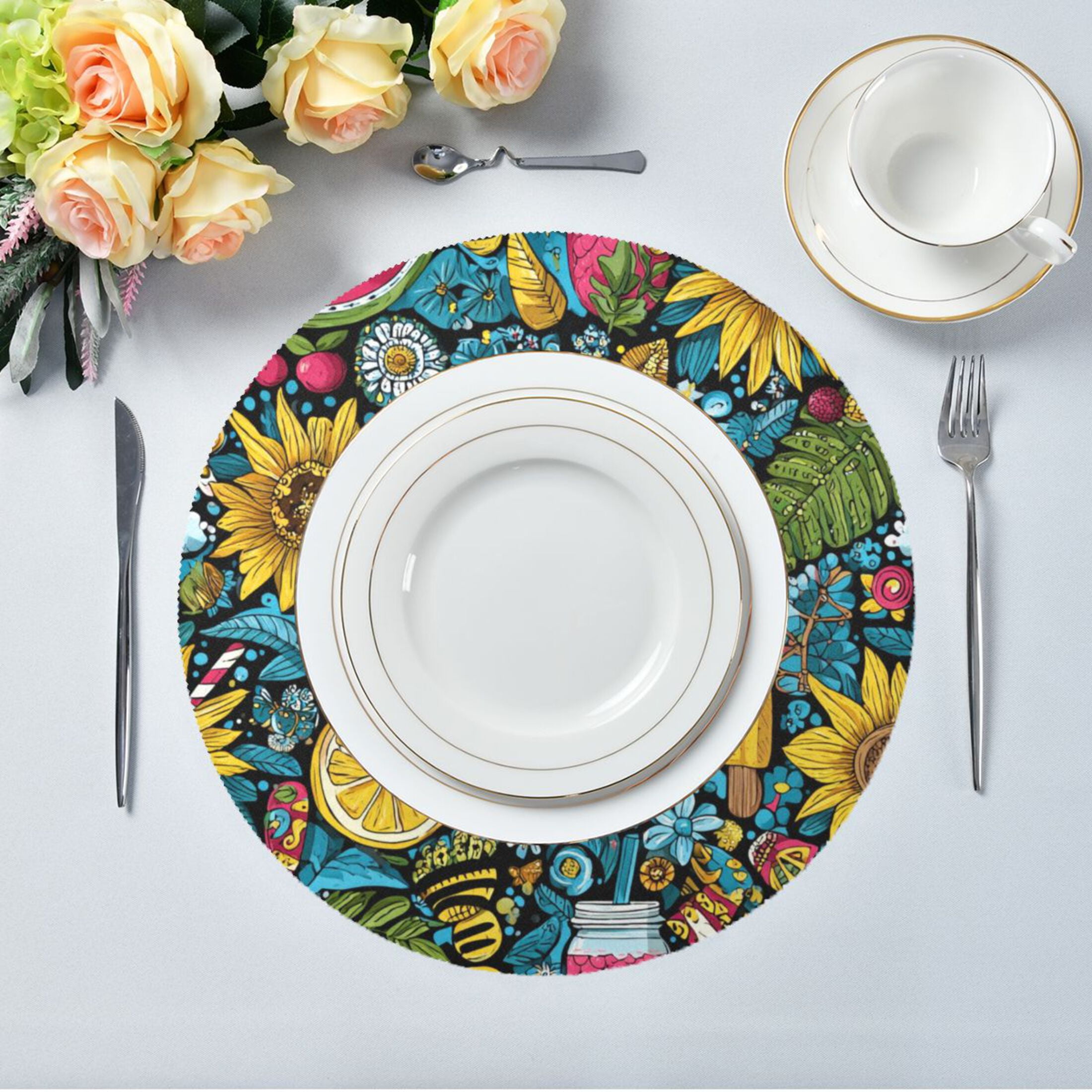 15.4" Round Placemat Set of 4 Polyester Fabric Place Mats Non-Slip ...